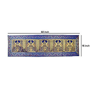 Ethnic Bohemian Table Runner for Dining Table and Bed Decorative Purpose in Banaras Silk Brocade with Royal Motifs for Gifts Table Linen (Blue,60x16 Inch)