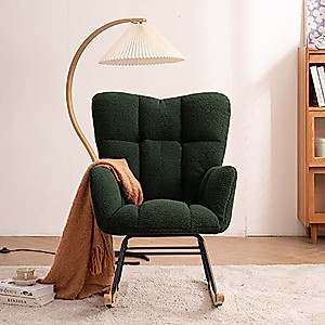 Krinana Teddy Fabric Nursery Rocking Chair, Rocker Armchair with Solid Wood Legs, Glider Chair Nursery with High Backrest for Living Room Apartment (Teddy Fabric,Green)