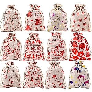Christmas Burlap Bags with Drawstring, 5 x 7 Inch Christmas Favor Bags Jewelry Candy Pouches Sacks, Mini Storage Bag for Wedding Christmas Festive Candy Goody Storage DIY Craft - 12 Pcs