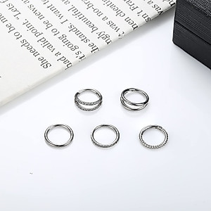 CASSIECA 5Pcs 16G Surgical Steel Nose Rings Hoop for Women CZ Clicker Hinged Septum Ring Lip Helix Cartilage Double Hoop Earring Daith Rook Conch Body Piercing Jewelry for Women 8mm