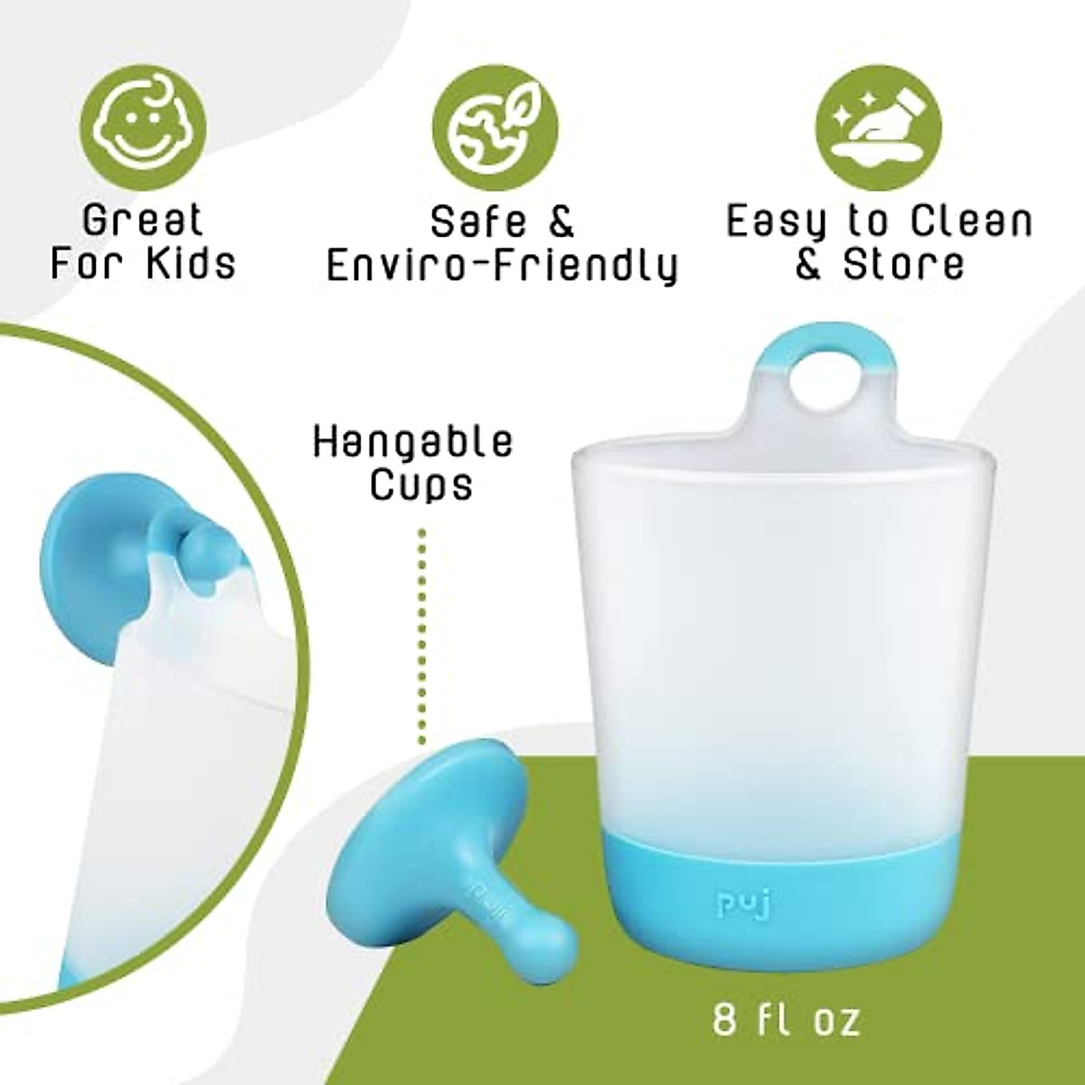 Puj - Phillip Cups, Hangable, Rinse-and-Play Reusable Plastic Cups, Highly Functional Fun Cups for Kids, Set of 4 Kids Cup with 4 Grippy Hooks - Frustration Free Packaging (MultiColor)