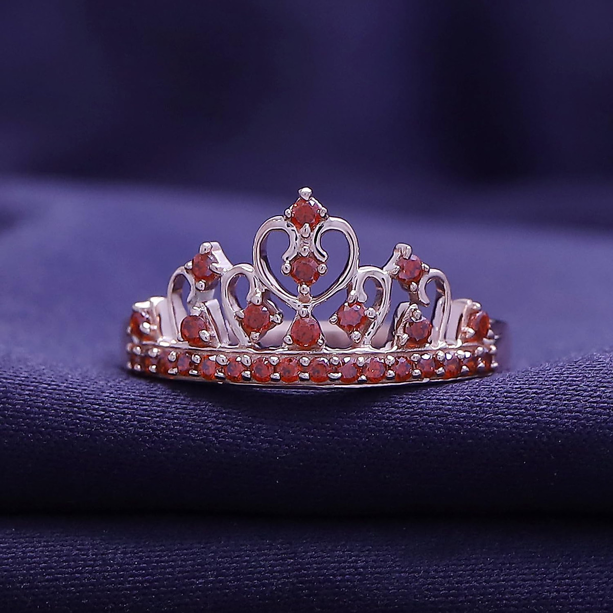 AFFY Round Cut Simulated Multi Stone Pocachoca Princess Style Engagement Wedding Crown Ring in 14k Rose Gold Over Sterling Silver with Ring Size 6.5