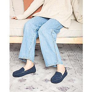 Parfeying Women's Sheepskin Moccasin Slippers Cow Suede Memory Foam Driving Style Loafers,L20102 INDI 9US Indigo/Indigo