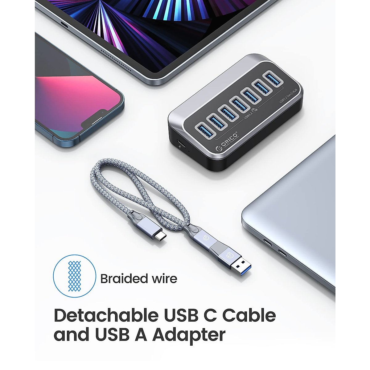 ORICO USB 3.0 Hub [5Gbps], 7 Port USB Hub with 1.64Ft USB-C Cable and USB-A Adapter, USB 3.2 Gen1 Splitter for iMac, All MacBooks, Mac Mini