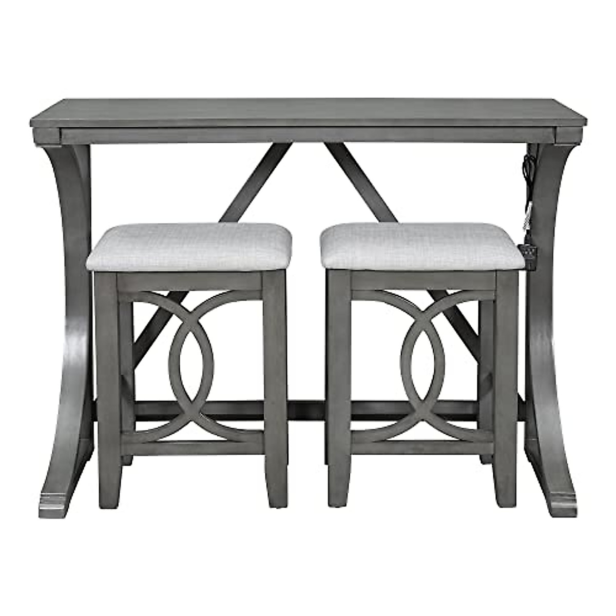 Solid Wood 3-Piece Counter Height Extra Long Dining Table Set Home Bistro Set with USB Port, Farmhouse Rustic Bar Pub Dining Table with 2 Upholstered Stools, Space Saving (Gray)