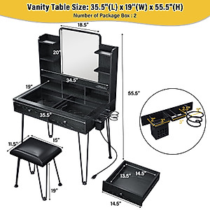 TC-HOMENY Makeup Desk Glass Top, Vanity Desk Dressing Table with Hair Tool Holder and Charging Station, 2 Drawers & Open Shelves Dresser Desk and Cushioned Stool Set