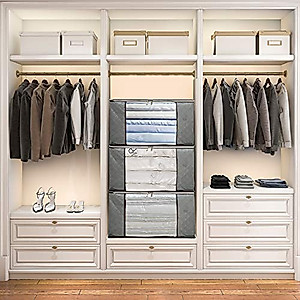 Foldable Storage Bag Organizers, Breathable Clothing Organizer Bags with Large Clear Window and Carry Handles, Storage Boxes for Comforters, Clothes, Blankets, Closets, Bedrooms, 3 Pack, Grey
