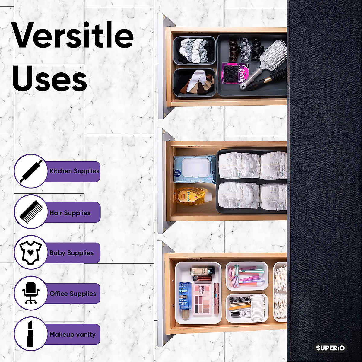 Superio Ribbed Collection - Decorative Plastic Desk Drawer Organizer Tray, White (Set of 5) Open Home Storage Bins Organizer Baskets, for Organizing Closet Shelves Drawer Shelf