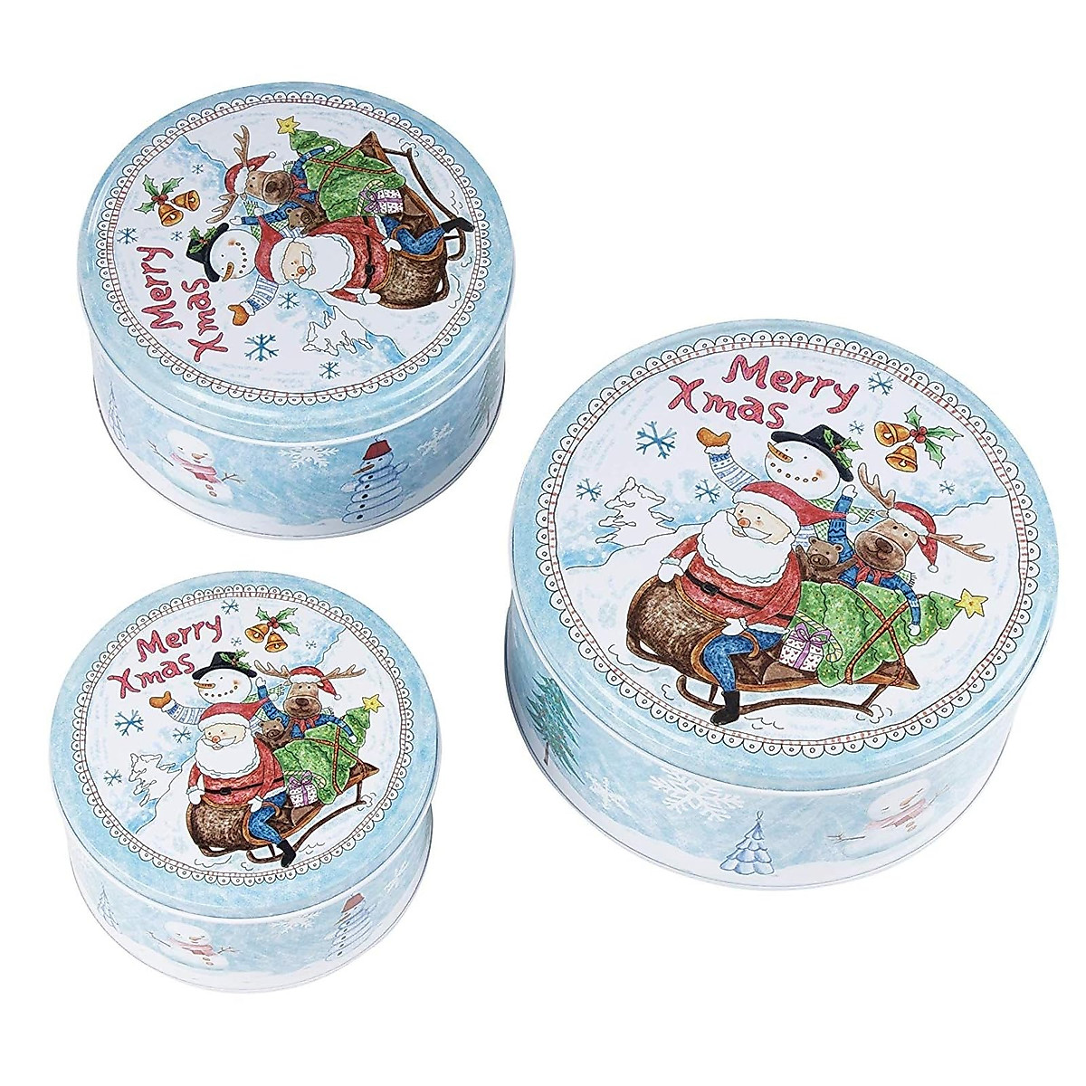 Juvale Christmas Nesting Cake Tins - 3-Set Round Nested Cookie Candy Storage Containers with Lids for Confectioneries, Holiday Decor, Light Blue and White