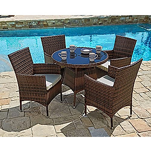SUNCROWN 5 Piece Outdoor Dining Set All-Weather Wicker Patio Dining Table and Chairs with Cushions, Round Tempered Glass Tabletop with Umbrella Cutout for Patio Backyard Porch Garden Poolside