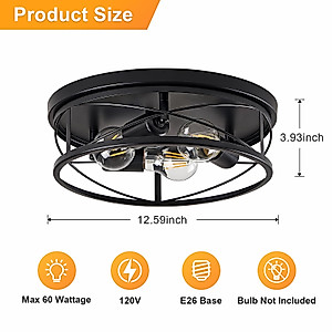 VIOLOEMI Farmhouse Light Fixtures, Black Round Metal Flush Mount Ceiling Light, 3-Light Cage Ceiling Lamp for Kitchen, Foyer, Bedroom, Hallway（Bulbs Not Included）