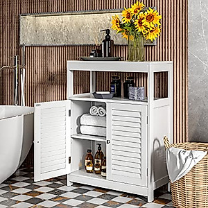 Tangkula Bathroom Storage Floor Cabinet, Free Standing Storage Cabinet with Double Shutter Doors and 3-Position Adjustable Shelves, Wooden Storage Cabinet Organizer for Bathroom, Living Room (White)
