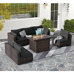7 Piece Patio Furniture Set with Fire Pit Table, Rattan Outdoor Sectional Patio Conversation Sets with Seat Cushions for Backyard Deck Balcony Lawn and Garden, Black