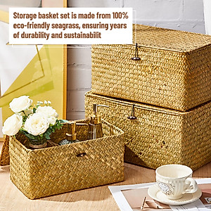 Kigley 6 Pcs Seagrass Baskets with Lids Wicker Storage Basket Organizer Baskets Handwoven Large Rectangular Basket Boxes Summer Woven Baskets for Shelf Closet, 6 Sizes(Yellow, Classic Style)