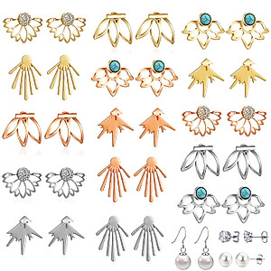18 Pairs Multiple Dainty Lotus Flower Ear Jacket Earrings-Minimalism CZ Bar Turquoise Studs-White Rose Gold Plated Statement Chic Fashion Stud Earring Set New Year Christmas Gift for Teens Girl Women
