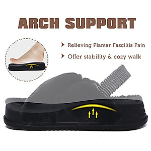 KuaiLu Womens Fuzzy Criss Cross Band Platform Slippers Back Strap Arch Support Furry Faux Fur Ladies Open Toe Slingback Slide Cozy Soft Plush Fleece Comfy House Shoes Sandals Indoor Outdoor Black 8