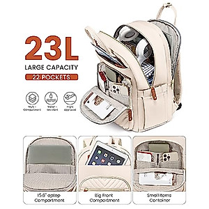 LOVEVOOK Quilted Backpack for Women, 15.6 Inch Computer Bag, Stylish Travel Backpack Purse Notebook with USB Port Waterproof Casual Daypack Large Bags for Daily Work, Beige