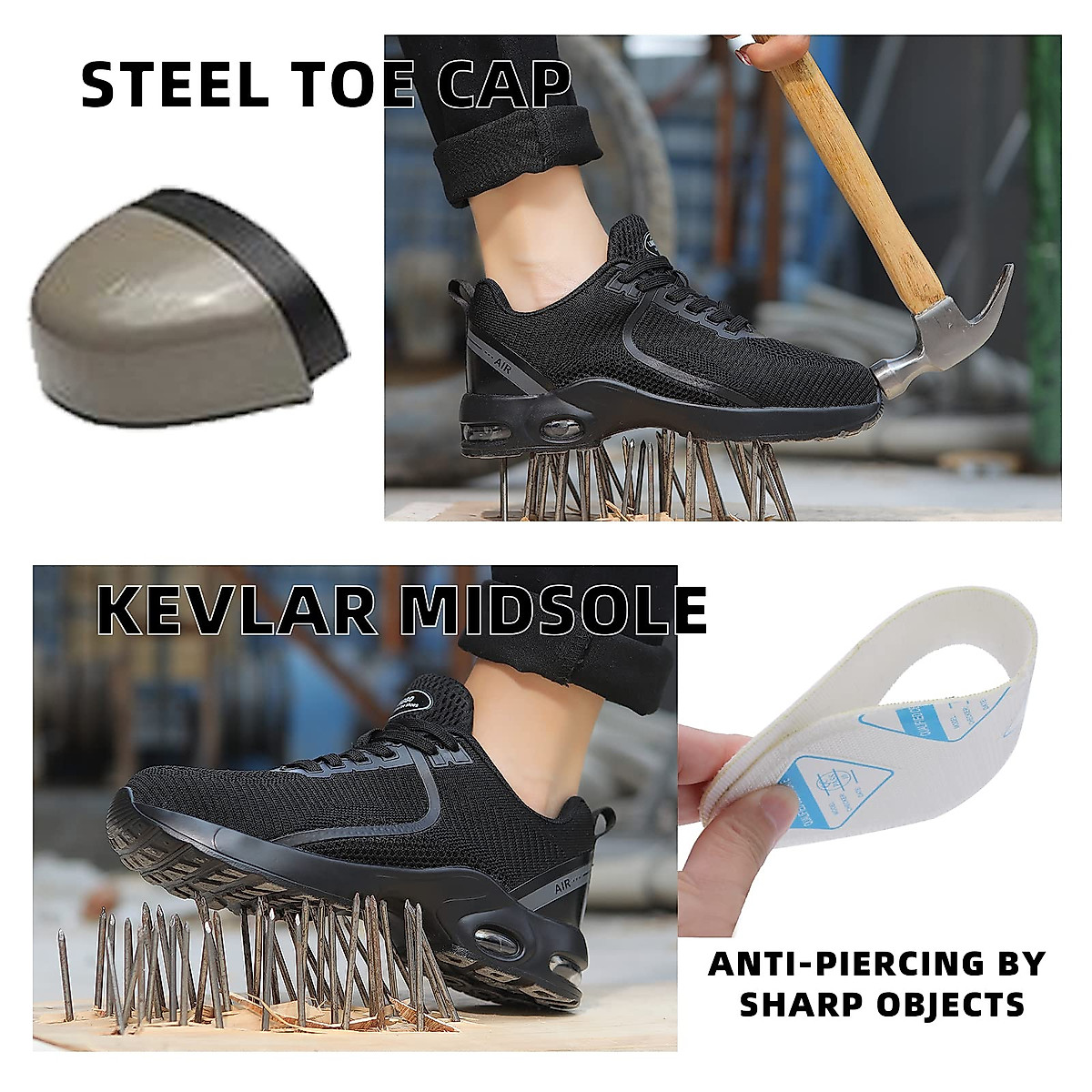 LIANGGO Steel Toe Shoes for Women Safety Work Sneakers Lightweight Comfortable Slip Resistant Shoes Black 38.5