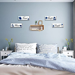 Blue Wall Decor for Living Room 4 Pieces - Focused Grateful Blessed Thankful Wood Signs, MONKLE Flowers Wall Art Decor Wooden Hanging Plaques, Floral Art Decorations for Home Kitchen Living Room