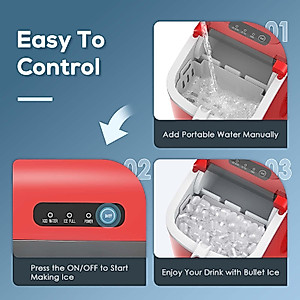 ZAFRO Ice Makers Countertop, Portable Ice Machine with Handles, Self-Cleaning Ice Makers with Basket and Scoop, 9 Cubes in 6 Mins, 26 lbs Per Day, Suitable for Your Kitchen, Office, Party （Red）