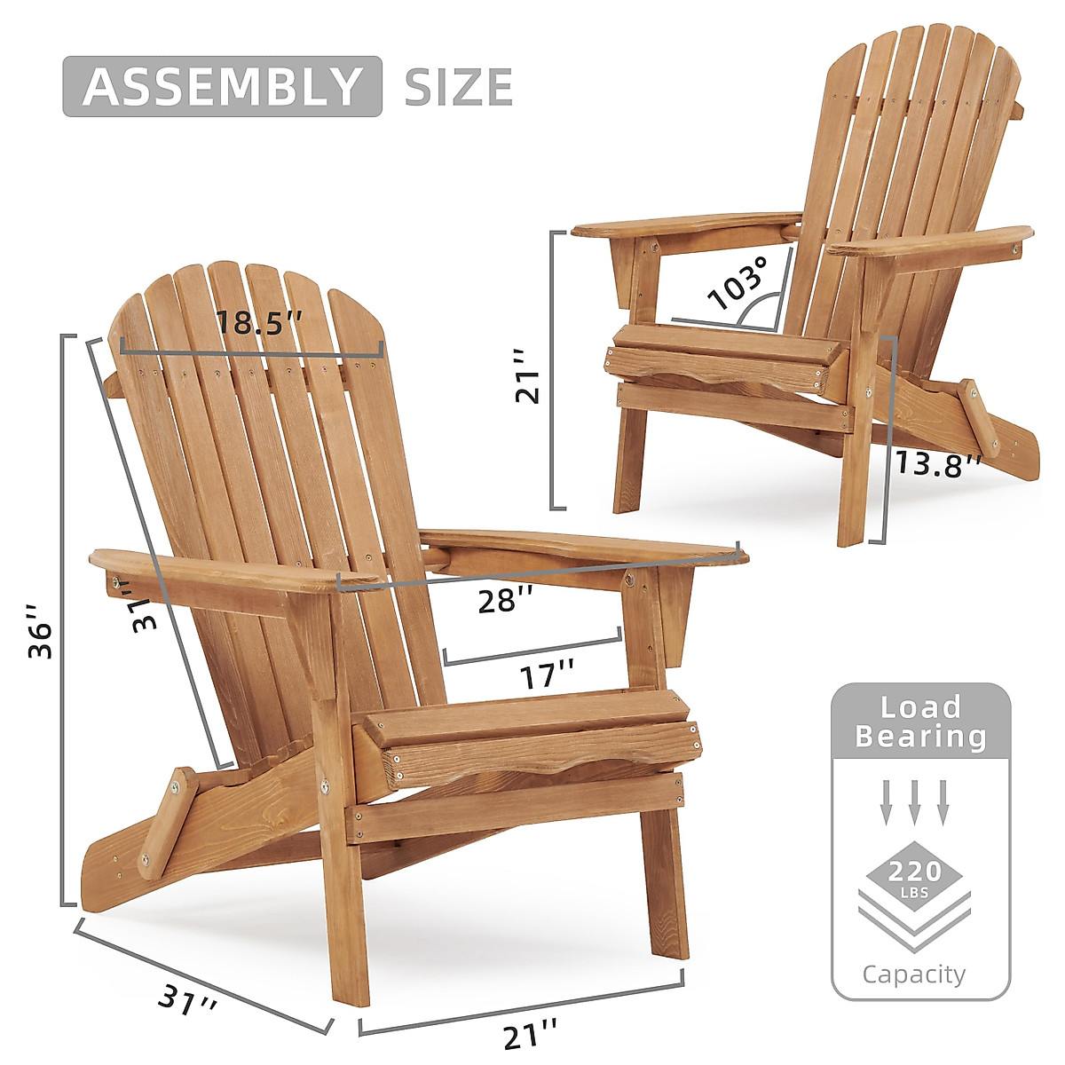 Mederra Wooden Folding Adirondack Chair, Half Pre-Assembled Outdoor Wood Patio Lounge Chair for Lawn Backyard Deck Pool Beach Firepit