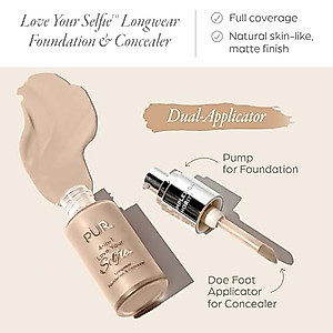 PÜR MINERALS 4-in-1 Love Your Selfie Longwear Foundation & Concealer, Full Coverage Liquid Foundation, Hydrating Formula, Cruelty Free