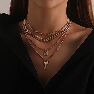 Key Lock Multilayer Necklace Thick Choker Necklaces Gold Necklace Chain for Women (Key lock layered necklace)