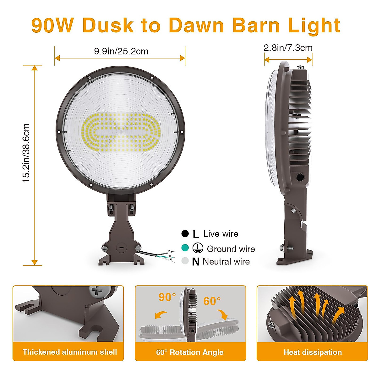 SOLLA 2024 New Upgraded Ultra Bright LED Barn Light 90W, 170LM/W Efficient Dusk to Dawn Outdoor Lighting, IP67 Waterproof Exterior Flood Light Fixture,15300LM, AC100-277V, 5000K,Bronze, ETL Listed
