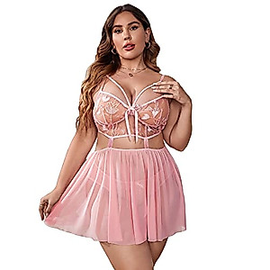 WDIRARA Women's Plus Floral Embroidery Cut Out See Through Babydoll Mesh Lingerie Slip with Panty Light Pink 3XL