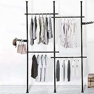 DYN Ptah Black Clothing Rack for Hanging Clothes, Double 2 Tier Adjustable Heavy Duty Free-Standing Closet System Garment Racks, Floor to Ceiling Cloth Organizer