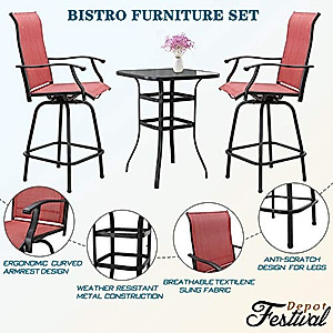 Festival Depot 2pcs Patio Dining Set Bar Height Stools Swivel Chairs with Armrest All Weather Metal Outdoor Furniture for Bistro Yard (Red)