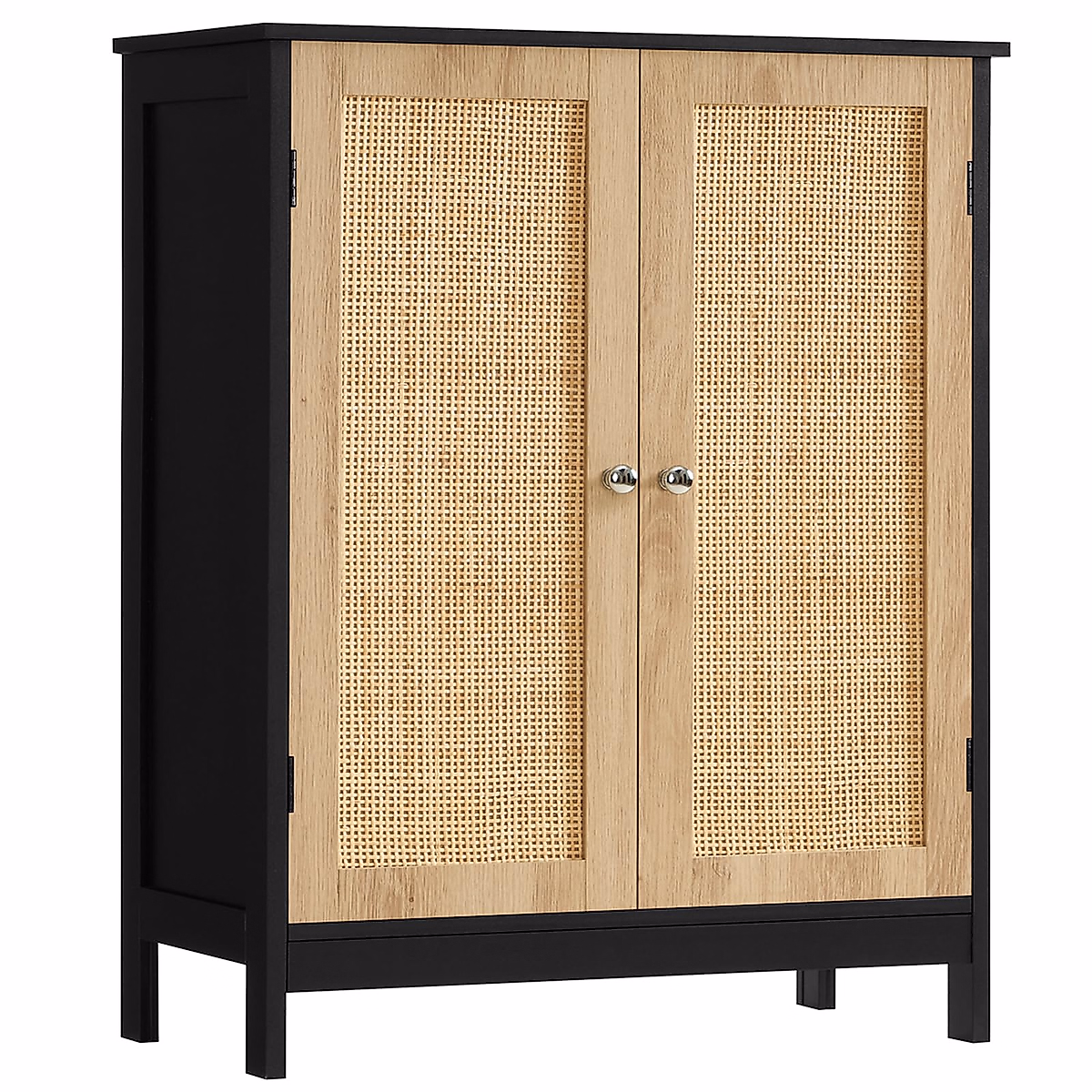 Iwell Storage Cabinet with Rattan Doors, Bathroom Storage Cabinet with Adjustable Shelf, Floor Cabinet for Living Room, Entryway, Kitchen, Home Office, Black