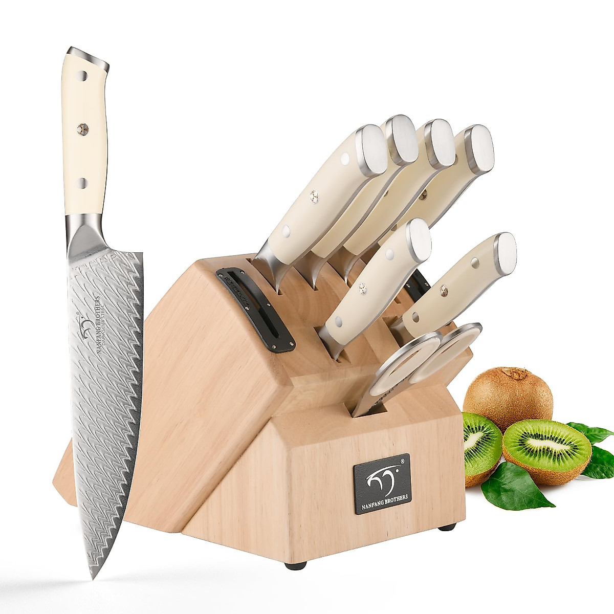 NANFANG BROTHERS Kitchen Knife Set,10 Pieces Damascus Steel Chef Knife Set with Block,VG10 Professional Knives Set with Knife Sharpener and Kitchen Shears