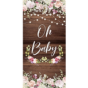 ZDX Oh Baby Door Banner Photo Rustic Floral Wood Backdrop Decorations Baby Shower Newborn Party Door Hanger Cover Sign Supplies Poster Background Decor 72.8 x 35.4in