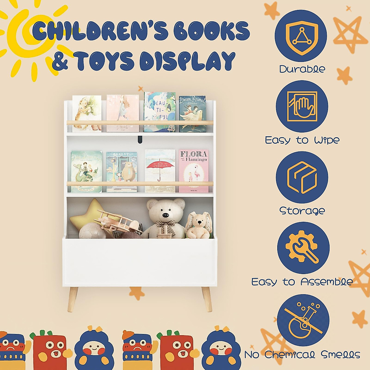 BAOMKONG Kids Bookshelf, Children's Book and Toy Display Rack, Toy Storage Cabinet Organizer for Children's Room, Playroom, Nursery, White