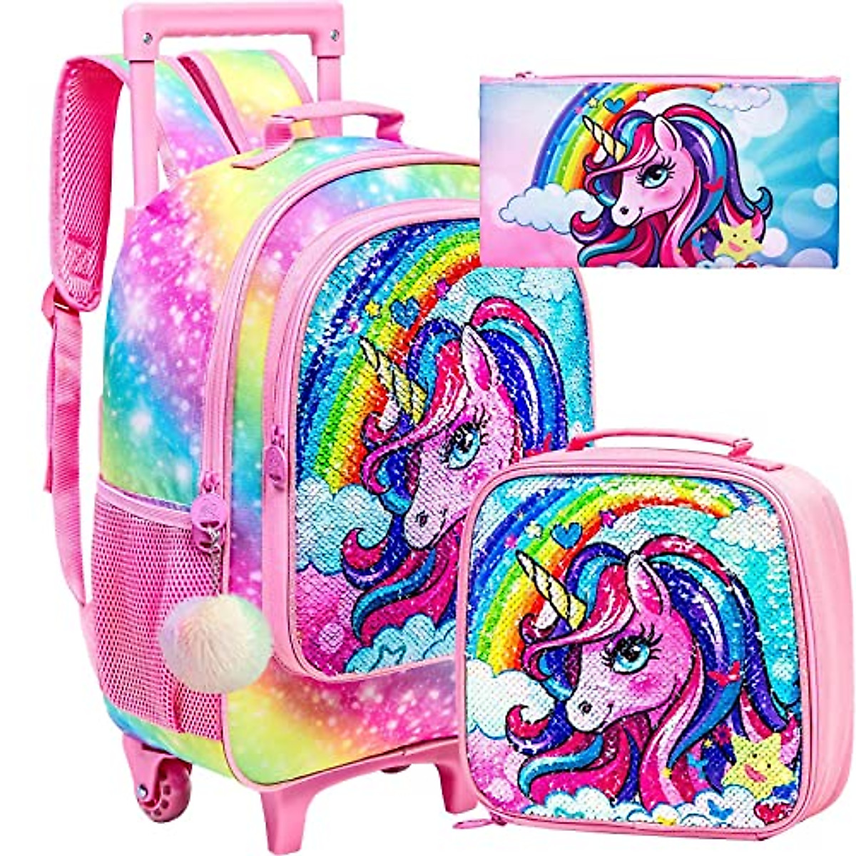 FTJCF 3PCS Rolling Backpack for Girls, Kids Unicorn Roller Bookbag with Wheels, Wheeled School Bag Set for Elementary -Rainbow
