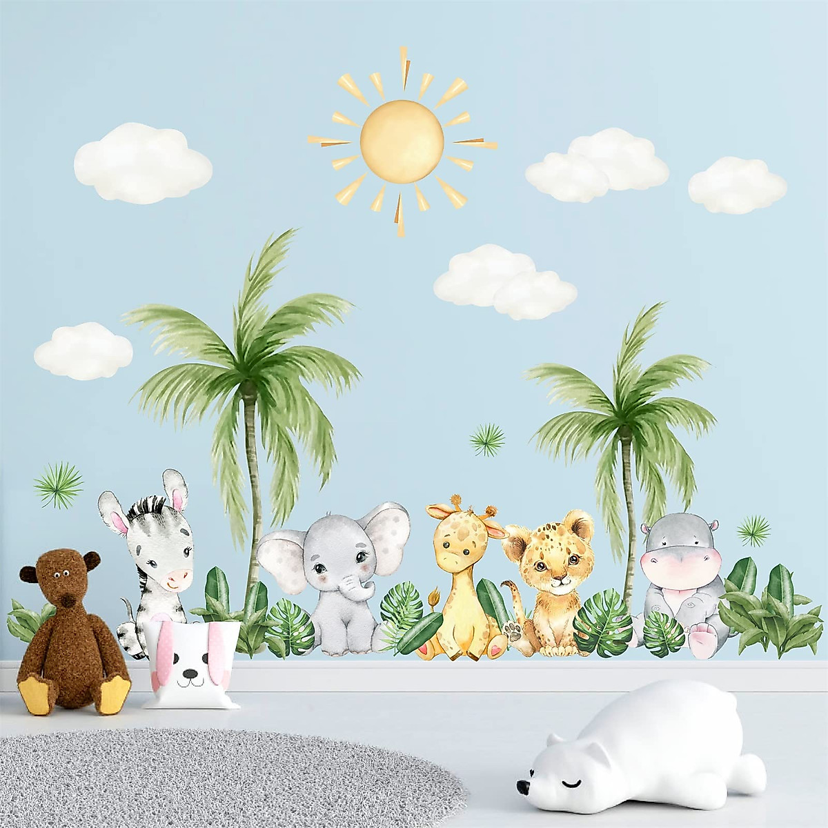 Cartoon Tree Animal Wall Stickers Safari Jungle Animal Wall Decals Cute Animal Wall Stickers Jungle Tree Wall Decals Zoo Animal Wall Stickers for Baby Room Nursery Living Room