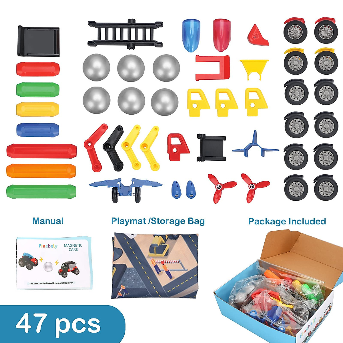Finebely Magnetic Toys for Kids Magnetic Toy Cars Set with Play Mat|Storage Bag for Magnet Airplane Vehicles Cars Construction Car Assembly DIY Toddler Magnetic Toys for Kids 6-8 and Up 47 PCS