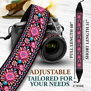 Art Tribute Pink Woven Camera Strap For All DSLR and SLR Camera, Embroidered Elegant Universal Neck & Shoulder Strap, BOHO Pattern. Best Gift for Photographers