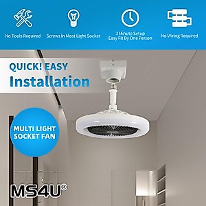 MS4U 10" Multi-Directional Light Socket Fan with Remote, Screw in Ceiling Fan in Light Socket for Enhanced and Adjustable Comfort