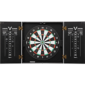 Viper Hideaway Cabinet & Steel-Tip Dartboard Ready-to-Play Bundle, Reversible Standard and Baseball Game Options with Two Sets of Steel-Tip Darts and Chalk Scoreboards, Black Matte Finish