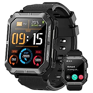 Military Smart Watch for Men with Bluetooth Call, 5ATM Waterproof Outdoor Fitness Tracker, 1.83" Rugged Tactical Watch with Heart Rate Blood Pressure Sleep Monitor for Android iPhone, Black