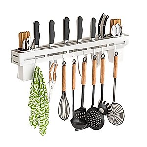 UPQRSG 15.7 inch Kitchen Knife Holder for Wall, Stainless Steel Knife Rack, No Punch Wall Mounted Multifunction Kitchen Utensil Hanger, Tableware Storage Rack Knife Rest for Home