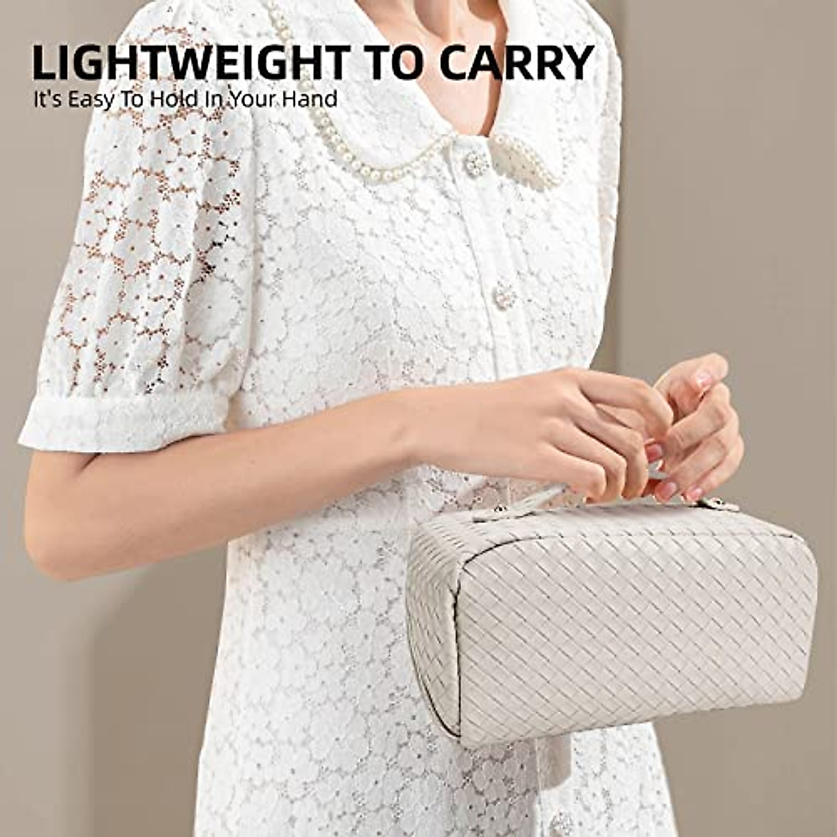 Travel Makeup Bag Large Capacity Travel Cosmetic Bags for Women Waterproof Lay Flat Leather Makeup Bag with Divider and Handle Makeup Organizer Bags Travelling Cosmetic Pouch Skincare Bag,White