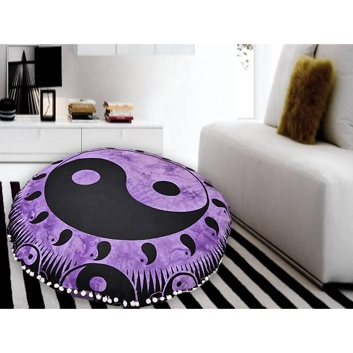 My Dream Carts 32" Floor Cushion “Cover Only” Round Yin Yang Boho Mandala Bedroom Bohemian Throw Seating Big Pillows for Yoga Balcony Garden Party Home Decor Purple (32” Pillow Cover, Without Insert)