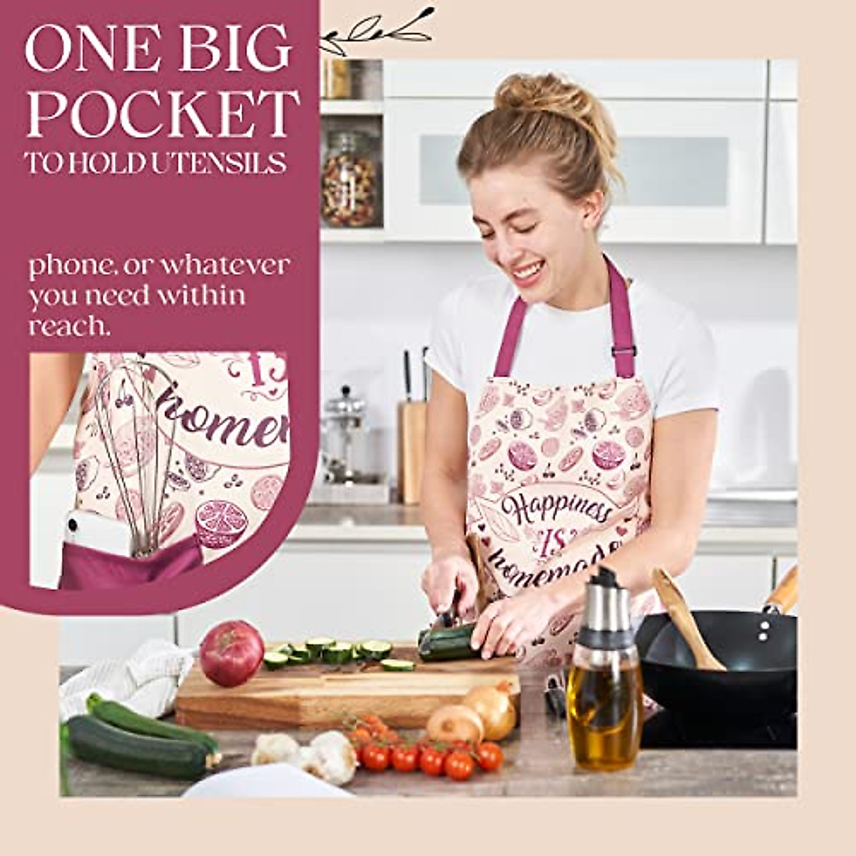 VITA ELEGANTE Waterproof Apron for Women with Large Pocket - Oil and Stain Repellent - Stylish & Soft on Skin - Kitchen Aprons with Pockets for Cooking & Baking