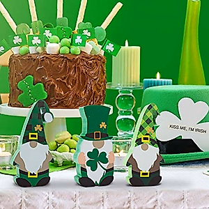 St. Patrick's Day Decorations Gnomes Table Sign - 3pcs Wooden Scandinavian Tomte Shamrock Clover Lucky Table Centerpiece, Green Home Office Irish Themed Party Decor