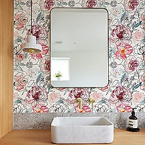 JiffDiff Floral Wallpaper Peel and Stick Wallpaper Pink Peony Wallpaper Nursery Wallpaper Wall Mural Stick on Wallpaper (White 17.3"x 118")