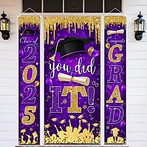 Graduation Decorations Class of 2025 Purple and Gold Congrats Grad Banner and You Did It Graduation Door Cover for High School College Graduation Party Supplies(Purple)