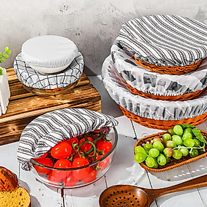 Whaline 10Pcs Bowl Covers Reusable In 5 Size Stretch Cloth Fabric Dish Cover Farmhouse Plaid Gray Ticking Stripe Lids for Food Fruits Leftover Storage